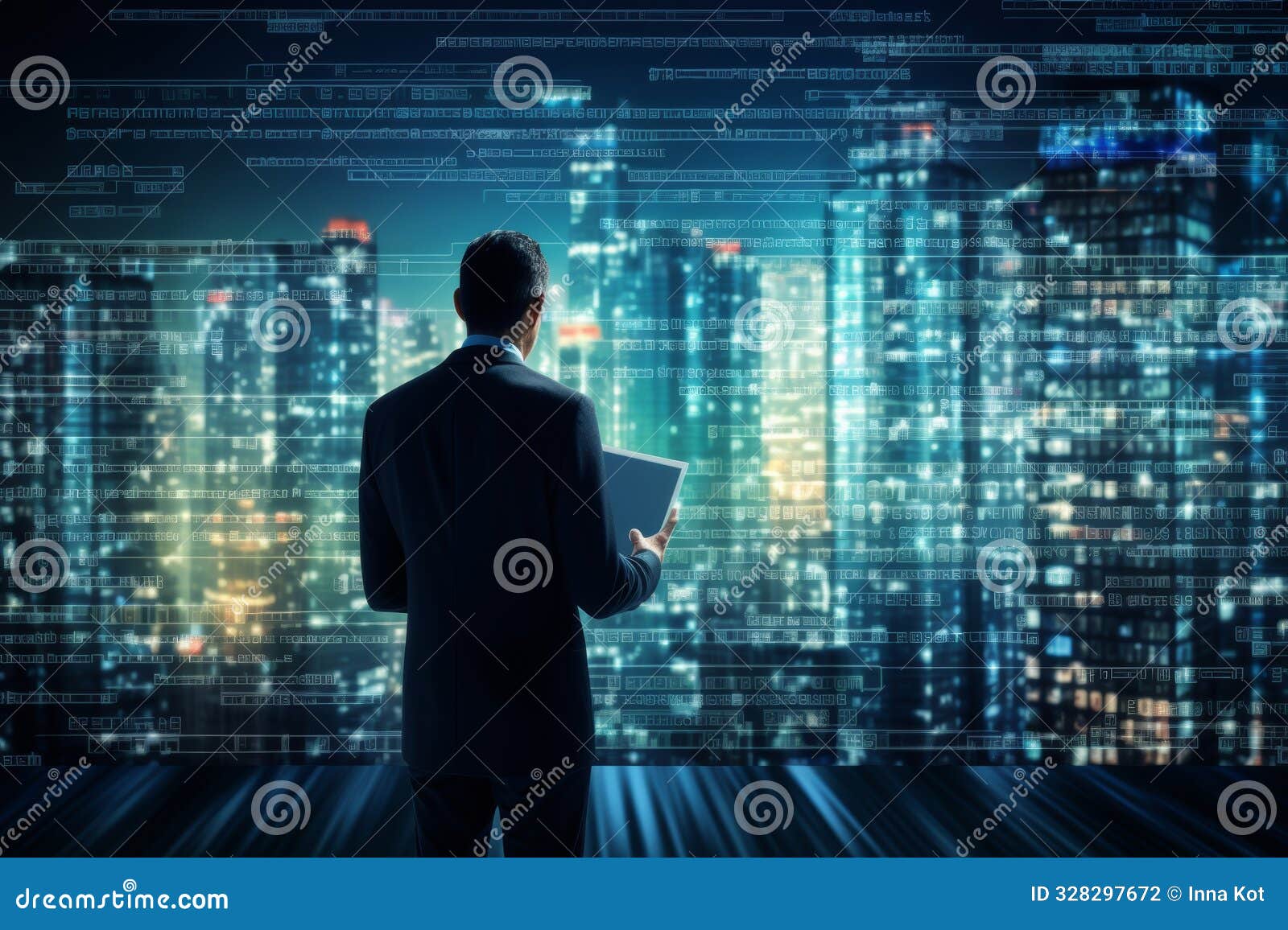 Software Developer Creating Iot Solutions for Smart Cities with Binary Code and Html on Tablets ...