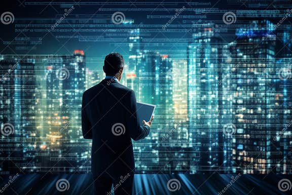 Software Developer Creating Iot Solutions for Smart Cities with Binary Code and Html on Tablets ...