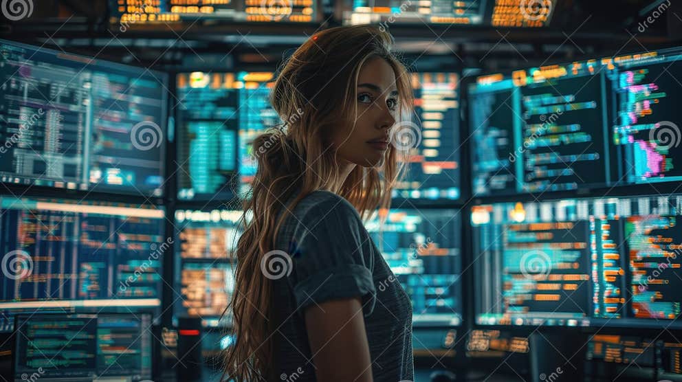 A Software Developer, a Female Freelancer Working in a Room with Multiple Screens. the ...