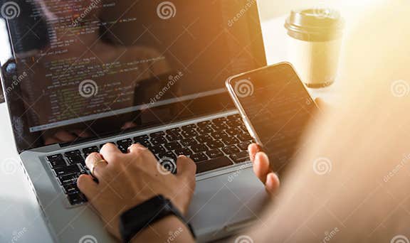 Software Developer Hands Typing Data Coding Programming Javascript with Laptop Computer Stock ...