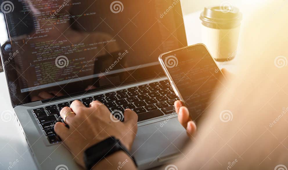 Software Developer Hands Typing Data Coding Programming Javascript with Laptop Computer Stock ...