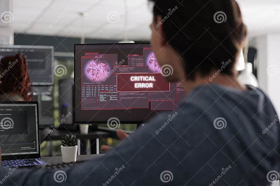 Software Developer Looking at Display Writing Code Encountering Hacking Alert Editorial ...