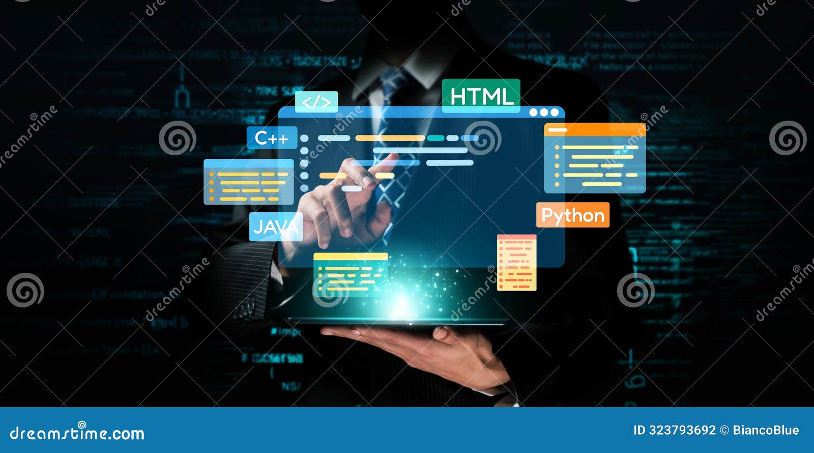 Software Developer Work With Coding Overlays Of Programming Languages