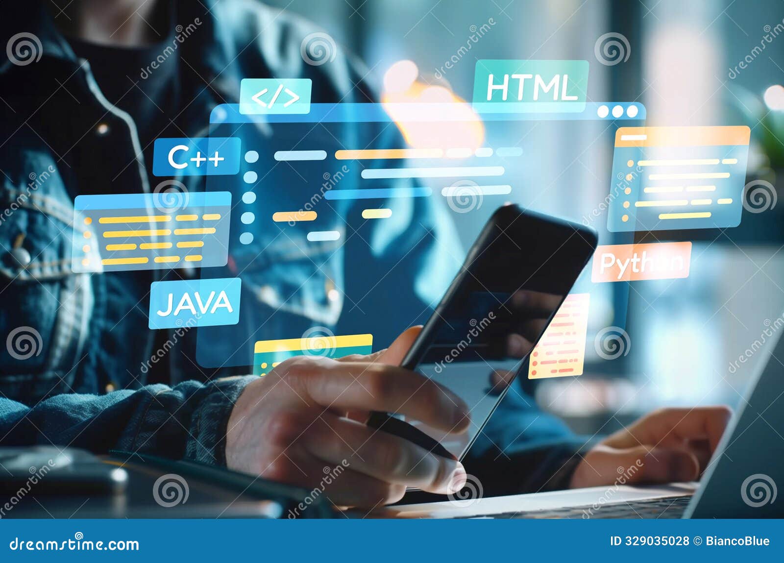 Software Developer Work with Coding Overlays of Programming Languages EIDE Stock Photo - Image ...