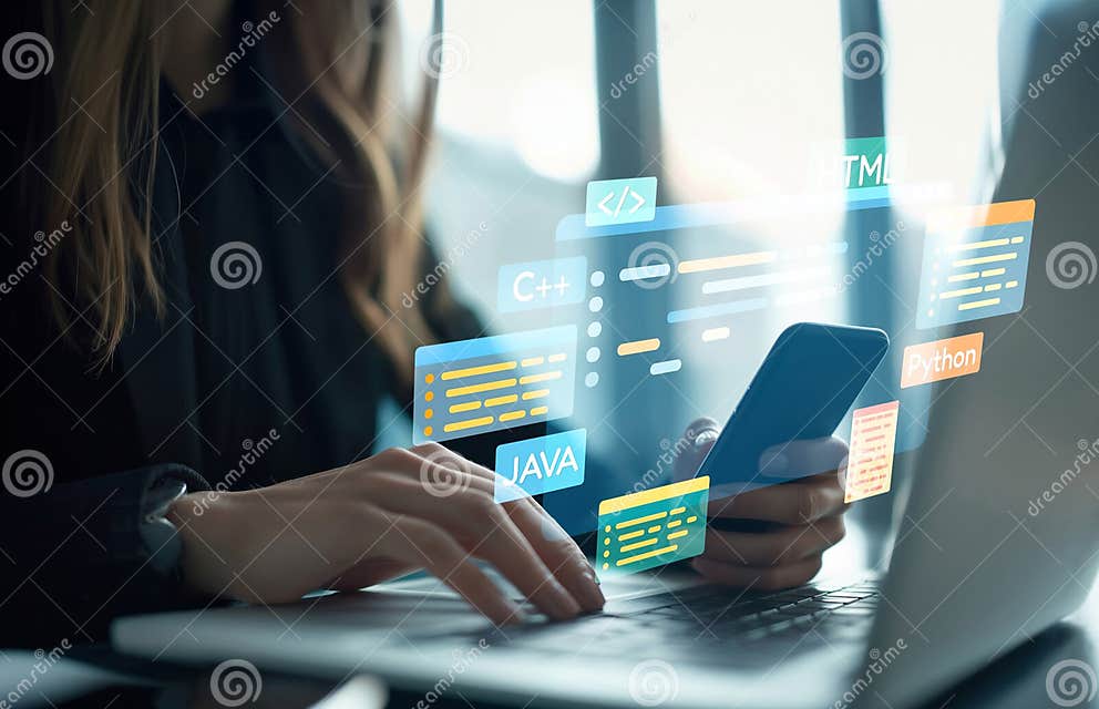 Software Developer Work With Coding Overlays Of Programming Languages