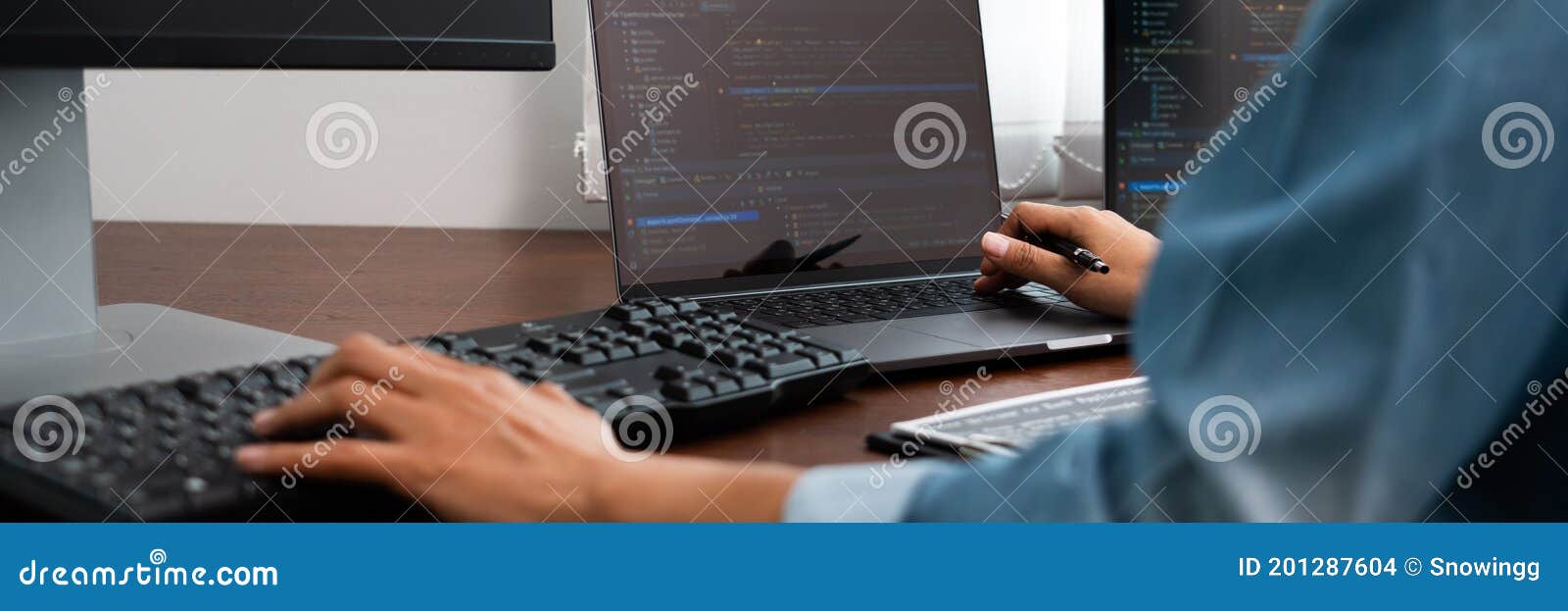 Software Developer or Programmer Working Data Debugging Improvement Binary Algorithm on Desktop ...