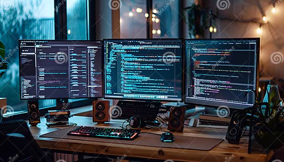 Software Developer S Workstation with Monitors Displaying Code and Data ...