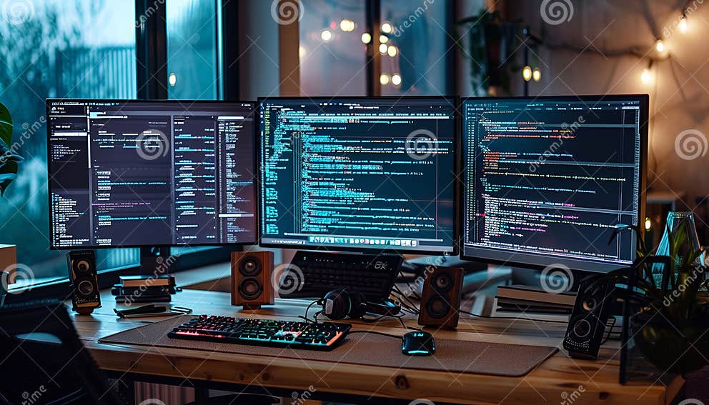 Software Developer S Workstation with Monitors Displaying Code and Data ...