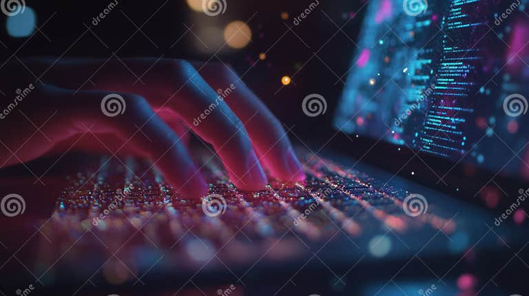 Software Developer Typing Code on Laptop Keyboard in Dark Room Stock ...