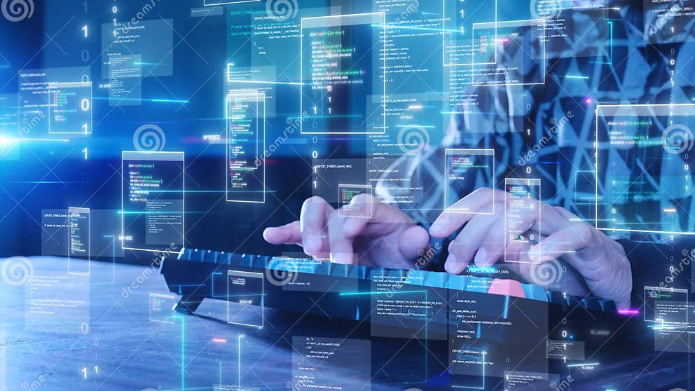 Software Developer Typing On A Keyboard With Digital Codes And Abstract Programming Languages