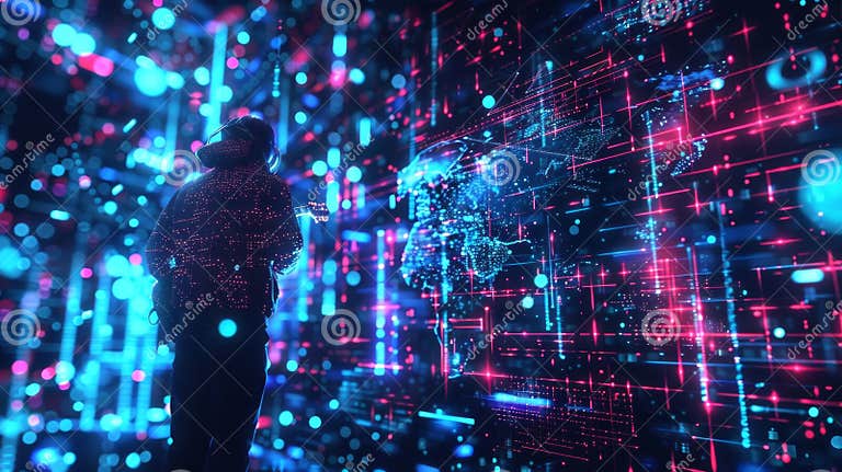 Software Developer Using Virtual Reality Headset Exploring Global Network Data Visualization ...