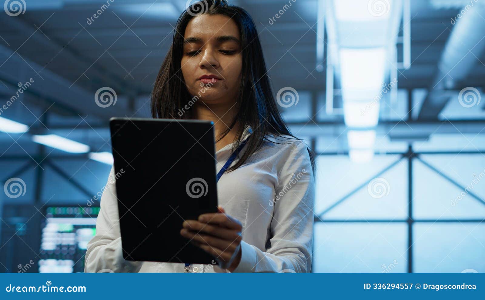Software Developer Walking In Data Center Using Tablet Stock Image Image Of Equipment