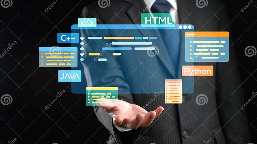 Software Developer Work With Coding Overlays Of Programming Languages Eide Stock Image Image