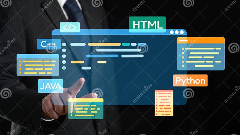 Software Developer Work With Coding Overlays Of Programming Languages Eide Stock Image Image