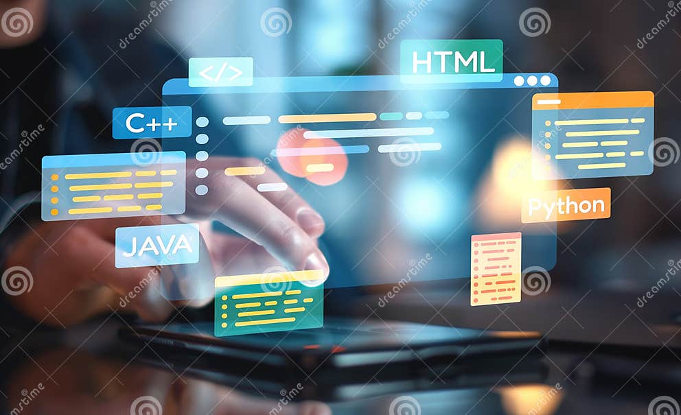 Software Developer Work With Coding Overlays Of Programming Languages Eide Stock Image Image
