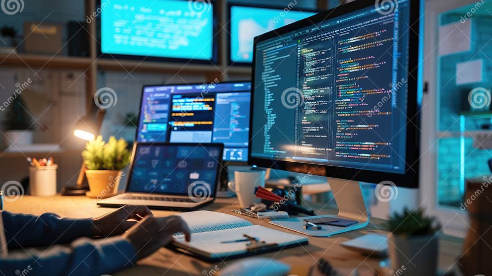 Software Developer Working on Code in Dual Monitor Setup AIG41 Stock ...