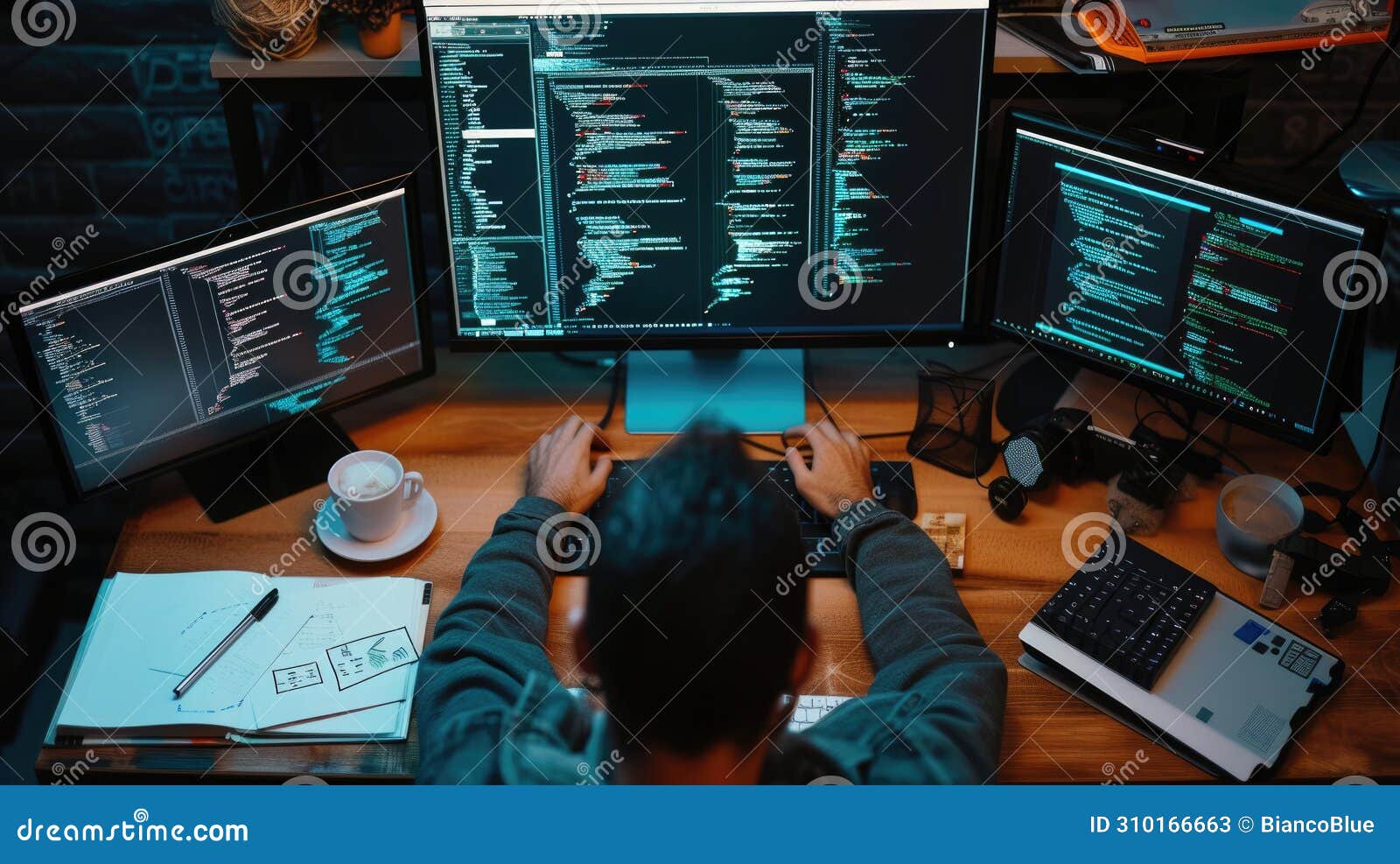 Software Developer Working On Code In Dual Monitor Setup Aig41 Stock Image Image Of
