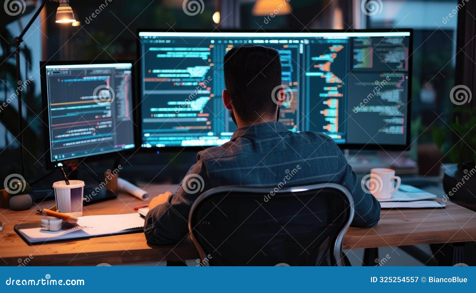 Software Developer Working On Code In Dual Monitor Setup Aig41 Stock Image Image Of Debug