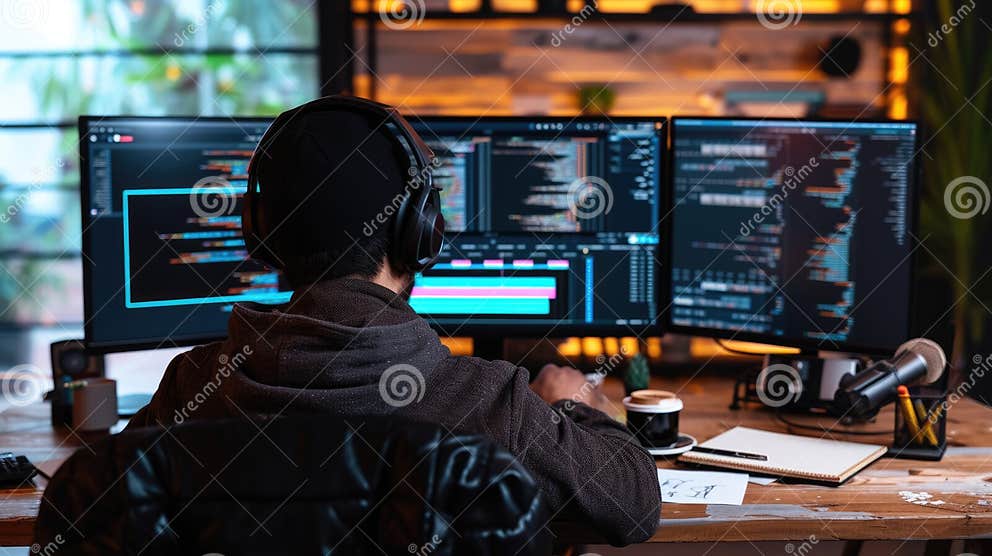 Software Developer Working on Code in Dual Monitor Setup AIG41 Stock ...