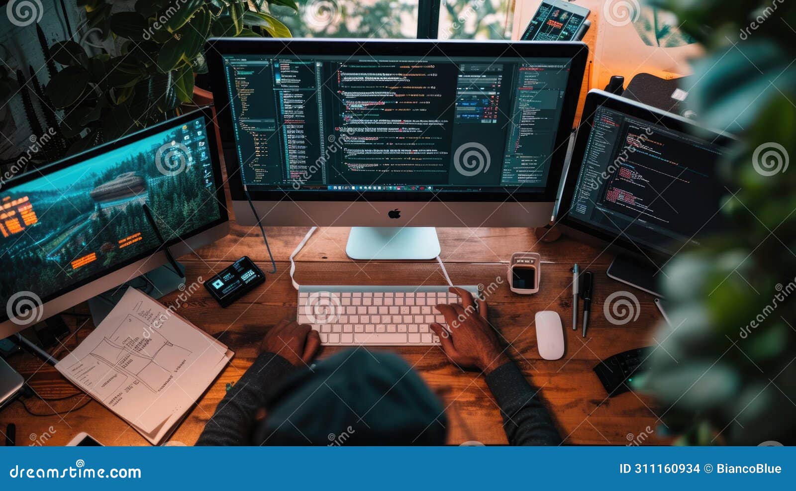 Software Developer Working on Code in Dual Monitor Setup AIG41 Stock Photo - Image of backend ...