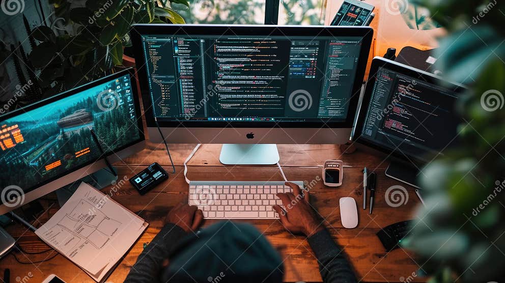 Software Developer Working On Code In Dual Monitor Setup Aig41 Stock