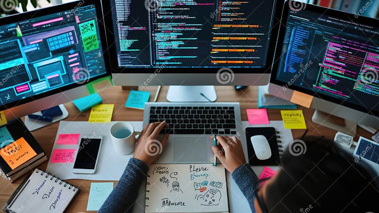 Software Developer Working On Code In Dual Monitor Setup Aig41 Stock Image Image Of Interface 0747