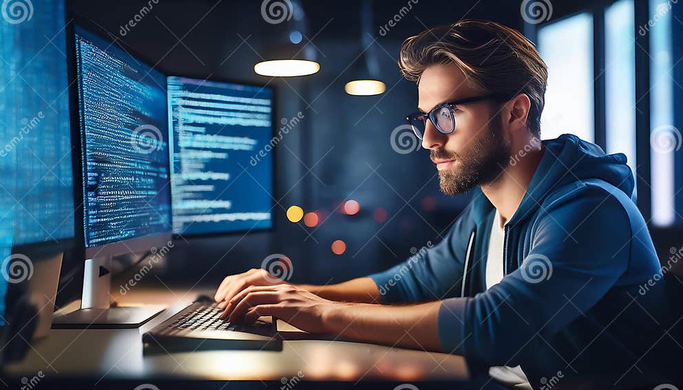 Software Developer Working At A Computer Illustrating Technology Coding And Programming Stock