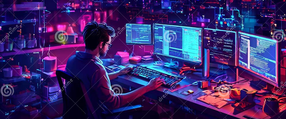Software Developer Working in a Neon-lit Workspace on Multiple Screens ...