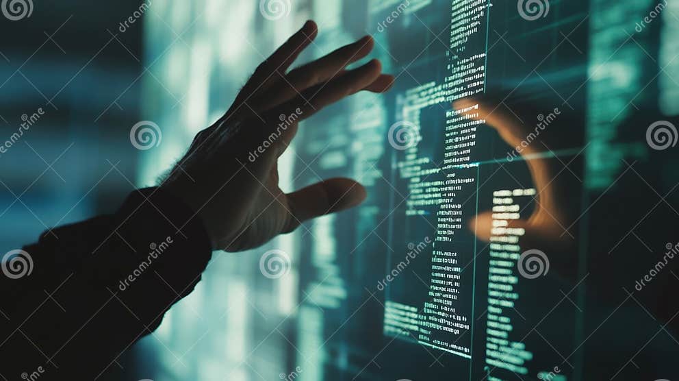 Software Developer Working with Source Code on Transparent Display in ...