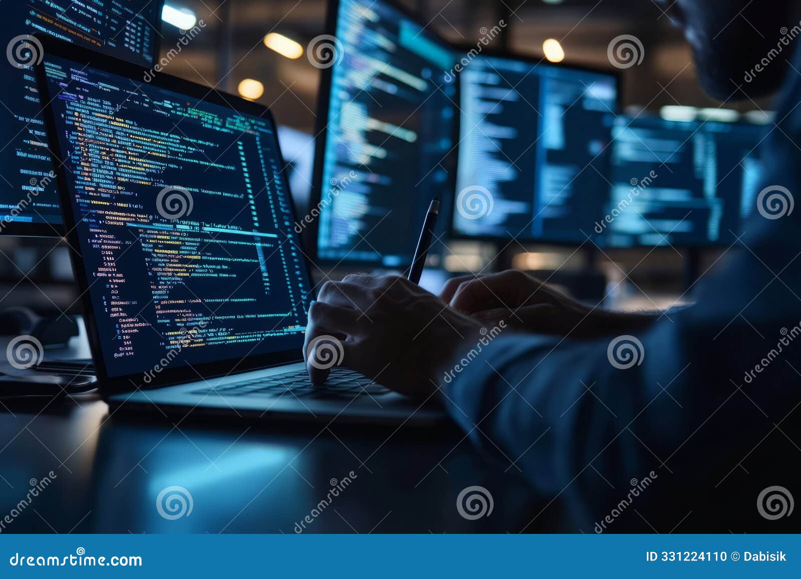 Software Developer Writing Code on Laptop in Dark Office at Night Stock Photo - Image of ...