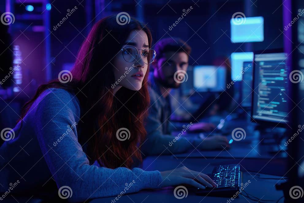 Software Developers Team Working Late Night on Computer in Data Center Stock Illustration ...