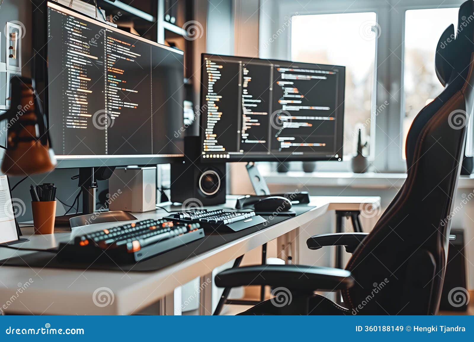 Software Developers Work Efficiently On Modern Desk Setup With Dual 4505