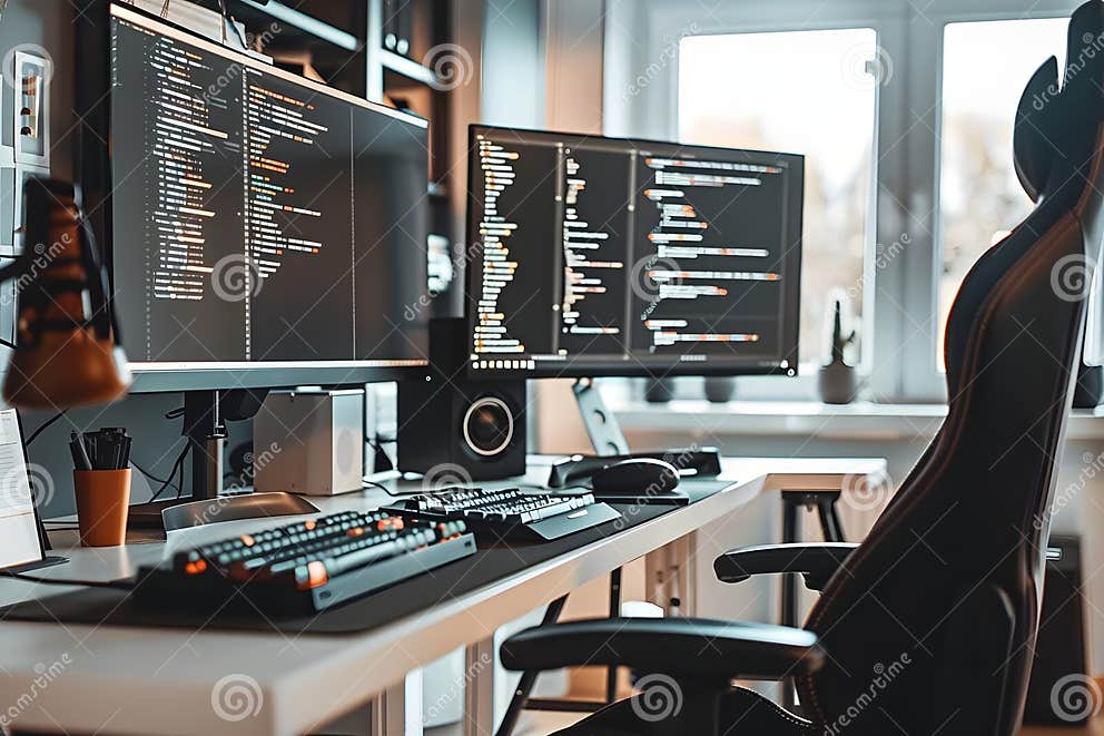 Software Developers Work Efficiently on Modern Desk Setup with Dual Monitors Displaying Lines of ...