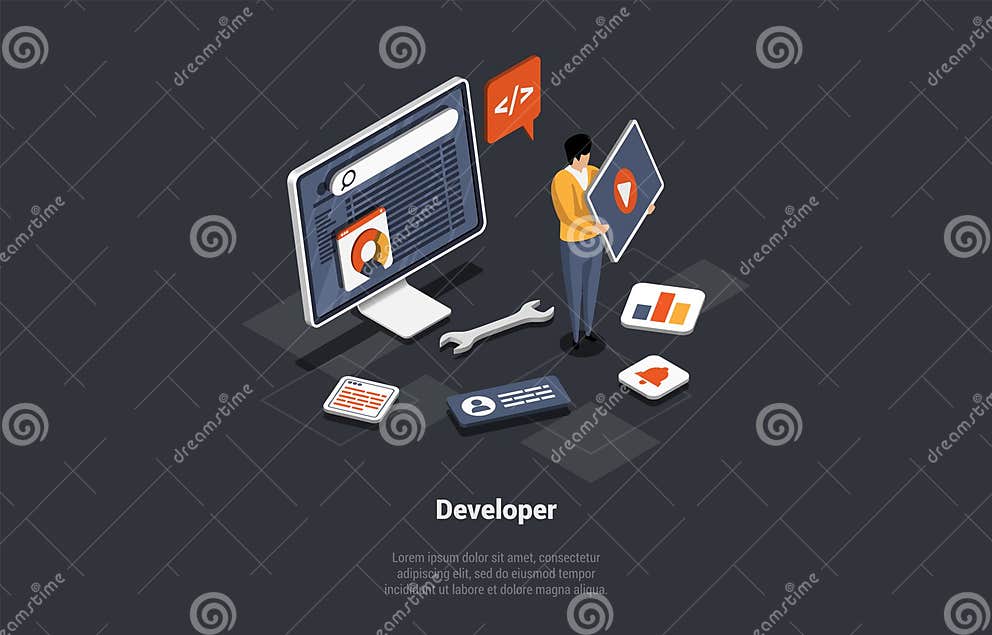 Software Development Coding Process Concept. Programmer or Web Developer is Writing New Code ...