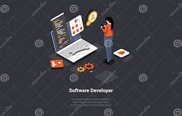 Software Development Coding Process. Programmer Frontend Developer Woman Coding on Laptop Stock ...