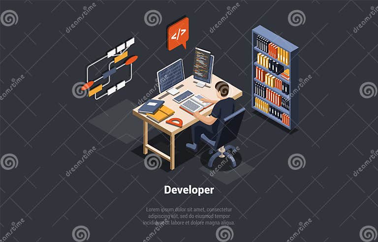 Software Development Coding Process. Programmer or Web Developer Coding App on Computer Stock ...