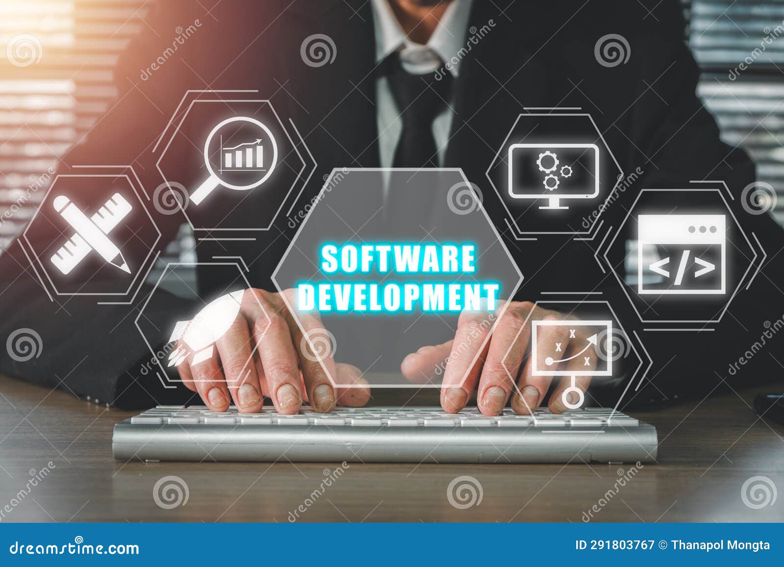 Businessman Typing on Keyboard with Software Development Icon on ...