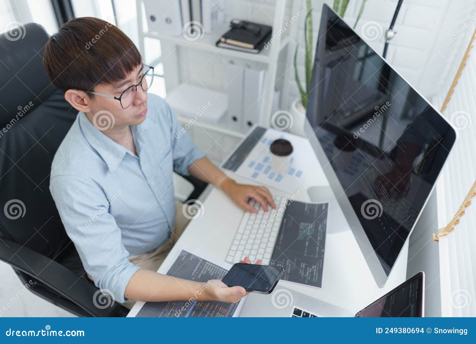 Software Development Concept, Male Programmer Check Website Programming on Smartphone and ...