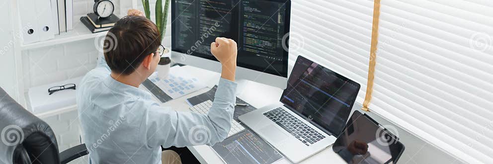 Software Development Concept, Male Programmer Excited and Raise Arms ...