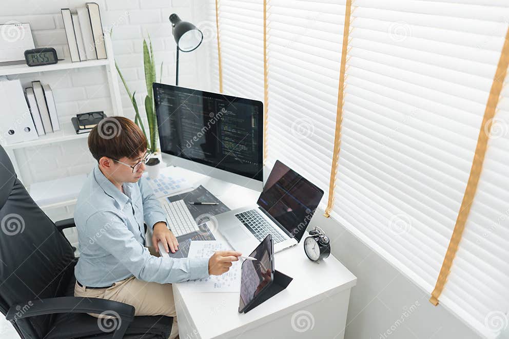 Software Development Concept, Male Programmer Point Data on Tablet To ...