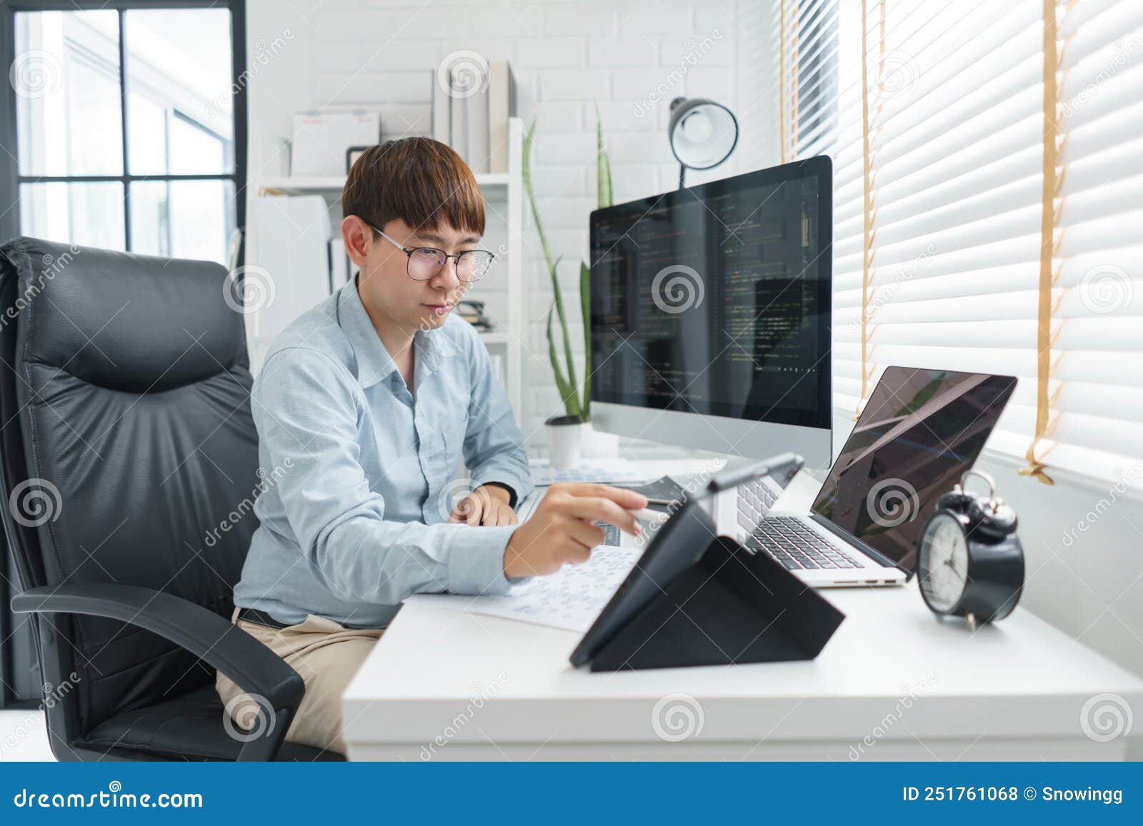 Software Development Concept Male Programmer Point Data On Tablet To