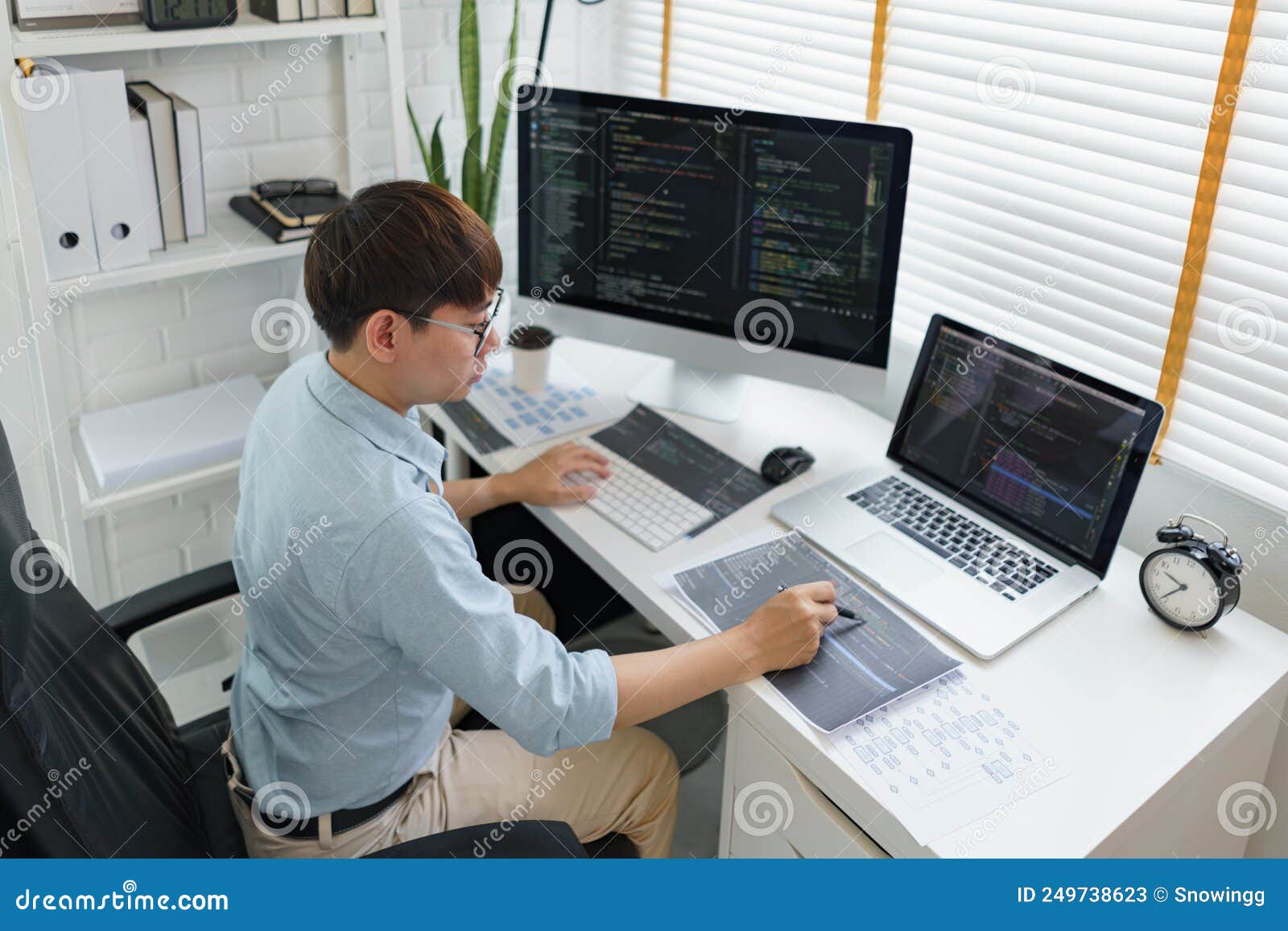 Software Development Concept, Male Programmer Pointing on Data Code To ... Software Development Concept, Male Programmer Pointing on Data Code To ...
