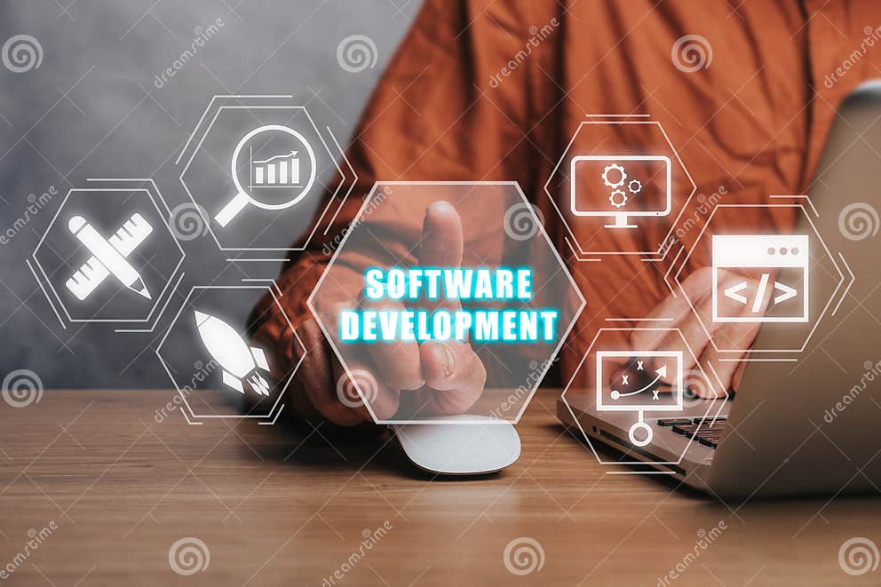 Person Working on Laptop Computer with Software Development Icon on ...