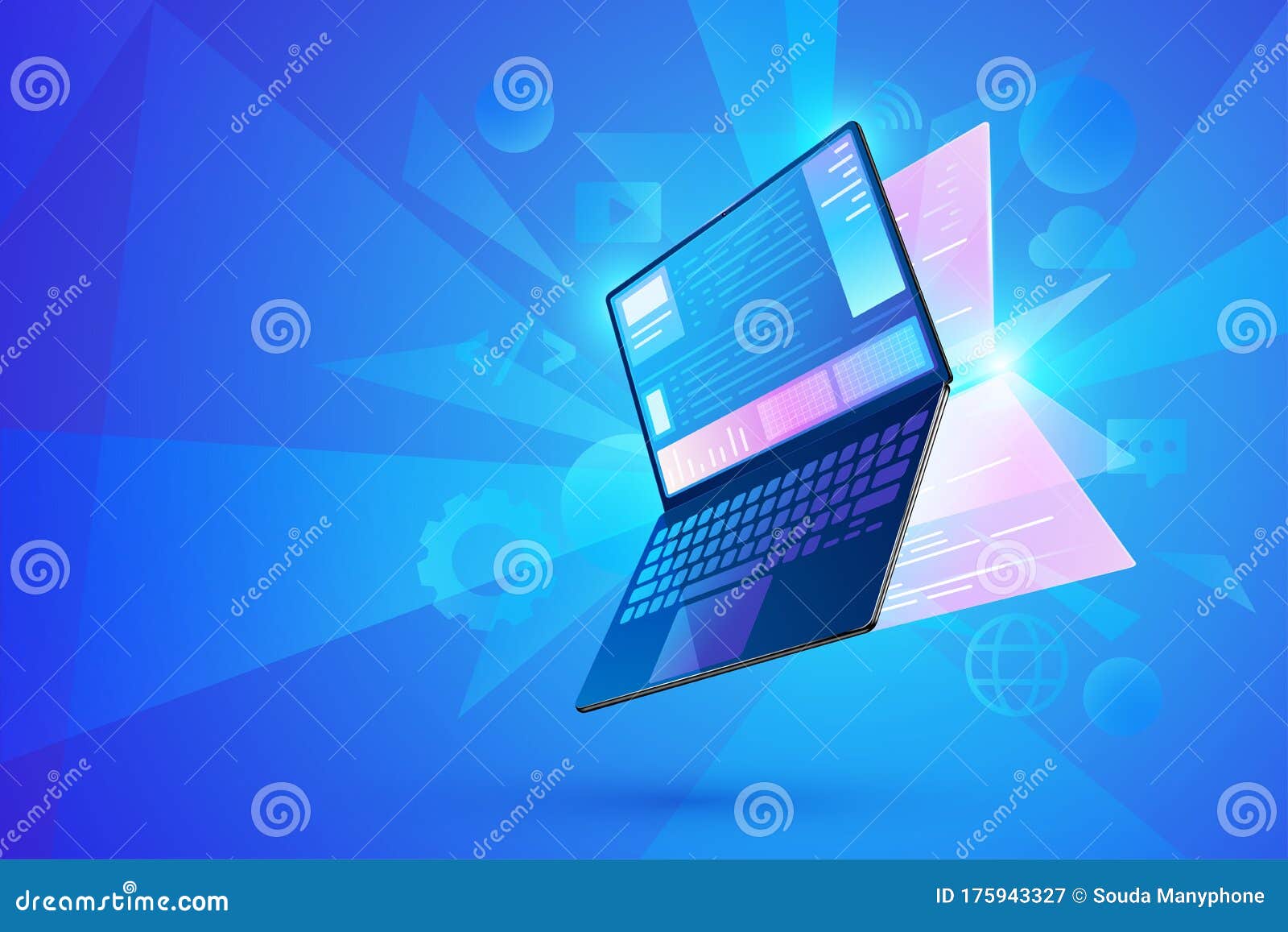 Software Development Concept, User Interface Laptop with Virtual Interactive Screens Processing ...