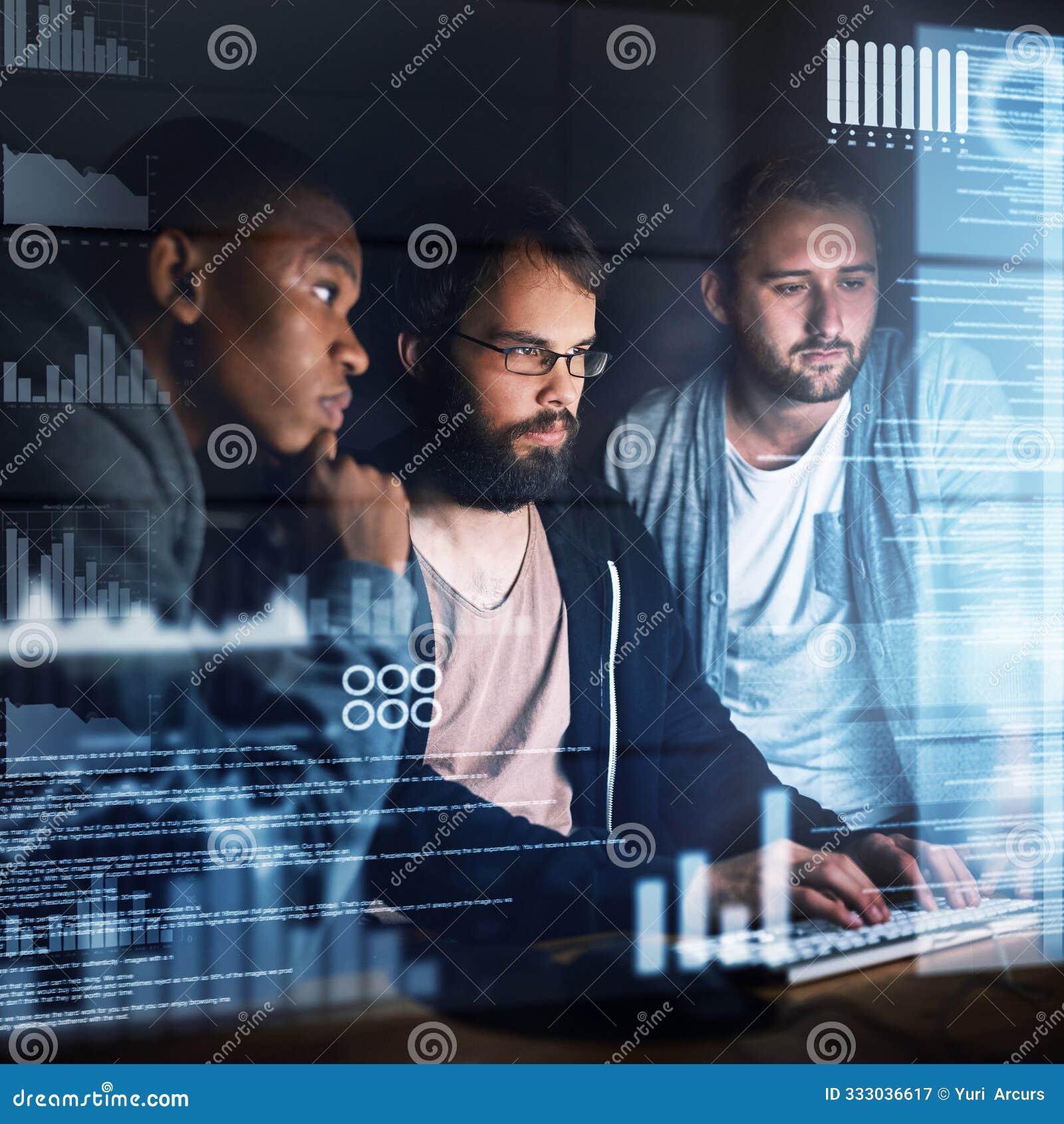 Software Development Hologram Man And Team With Computer At Night For Typing Source Code And