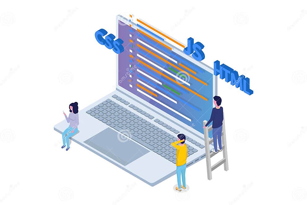Software Development Isometric, Programmer at Work. Editorial Stock Image - Illustration of code ...