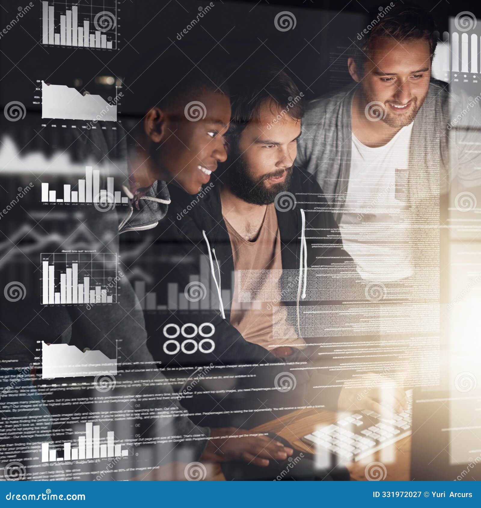 Software Development Overlay Man And Team With Computer At Night For Typing Source Code Or