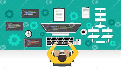 Software Development. Programmer Working on Computer Stock Vector ...