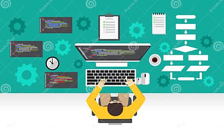 Software Development. Programmer Working on Computer Stock Vector ...