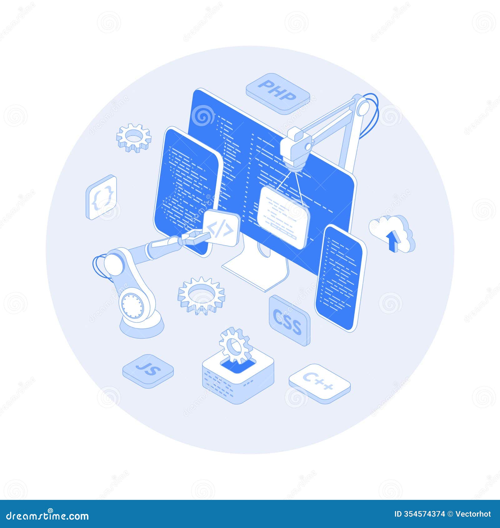 Programming And Engineering Development. Tiny Girl Programmer Or Developer Create Code ...